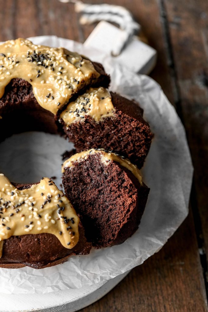 Vegan Chocolate Tahini Bunt Cake (Healthier Ingredients)